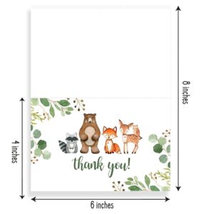 50 Woodland Thank You Cards, 4x6" Forest Animals Thank You Notes with Matching Green Envelopes & Stickers, Greenery Notecards, Woodland Baby Shower Thank You Cards