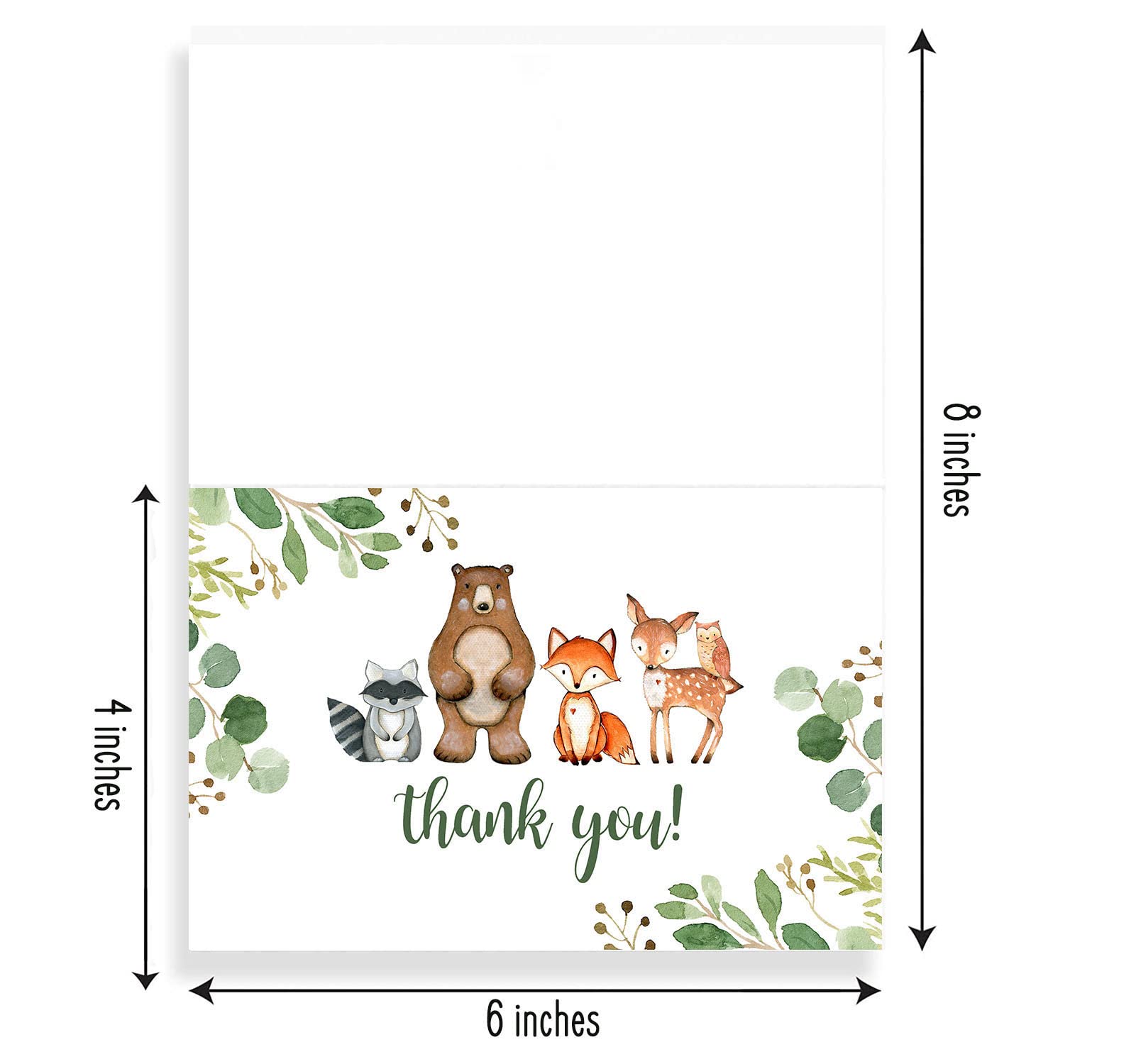 50 Woodland Thank You Cards, 4x6" Forest Animals Thank You Notes with Matching Green Envelopes & Stickers, Greenery Notecards, Woodland Baby Shower Thank You Cards