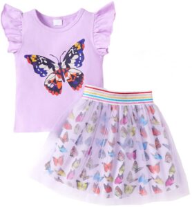 retsugo baby girls skirt top set flutter sleeve butterfly shirt kids tulle tutu dress toddler 2pc birthday party outfits purple 7-8 years