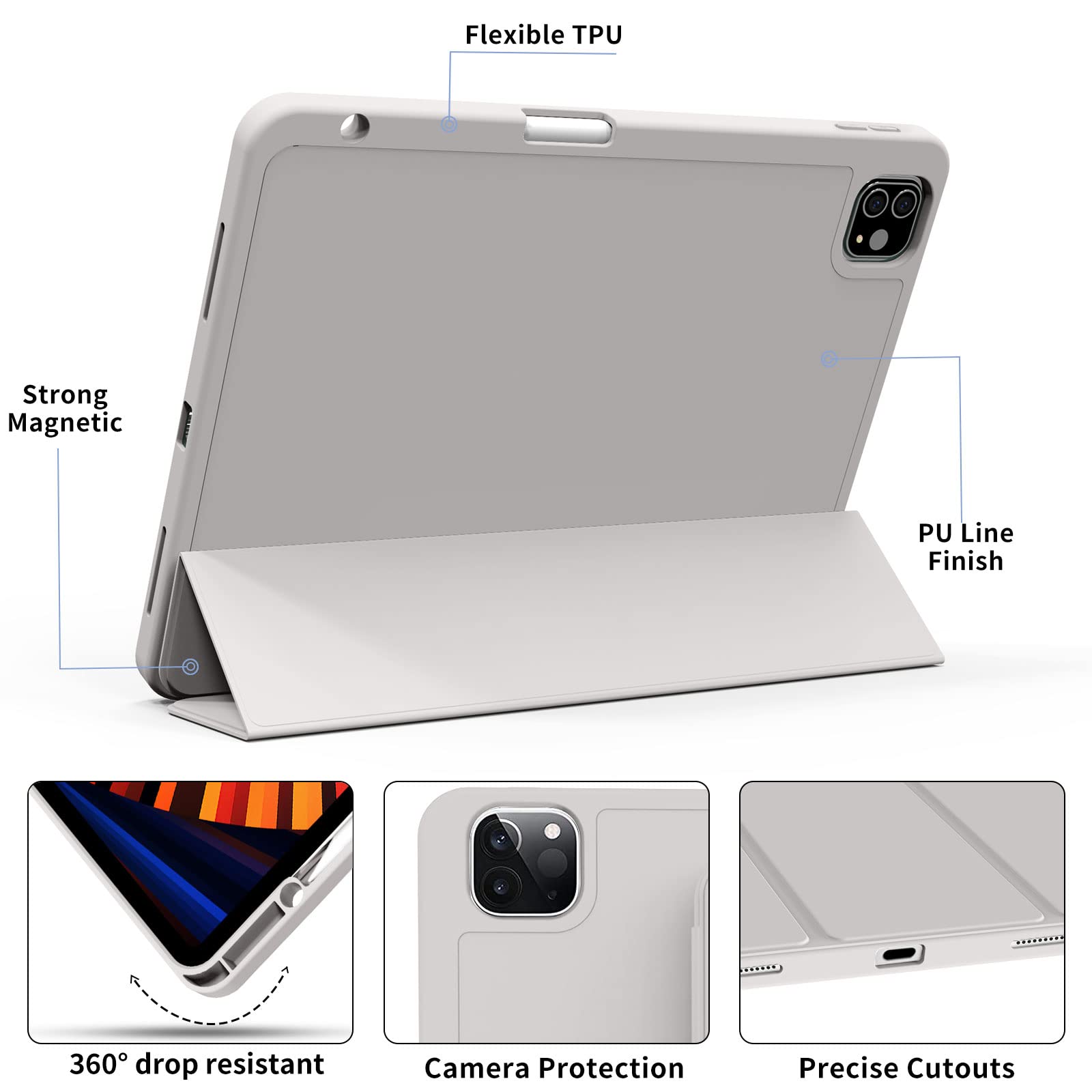 kenke Case for iPad Pro 11 Inch 4th/3rd/2nd Generation (2022/2021/2020) with Pencil Holder, Slim Trifold Smart Cover with Soft TPU Back, Support 2nd Gen Pencil Charging, Auto Sleep/Wake, Gray