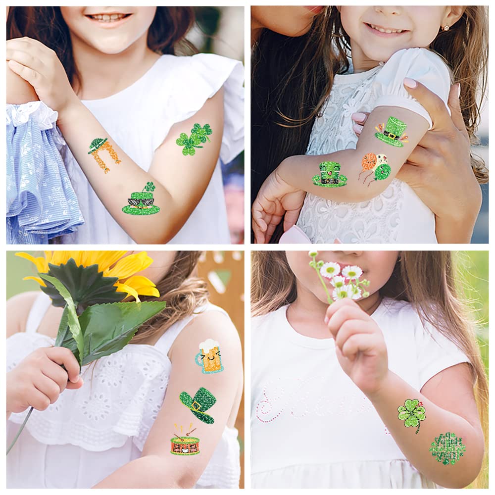 48pcs St Patricks Day Glitter Styles Temporary Tattoos,Clover Gold Coin Luck Hat Expression Tattoos Sticker St Patrick's Day Kiss Me I'm Irish Party | Holiday Party Accessories Arts and Crafts,8 sheet