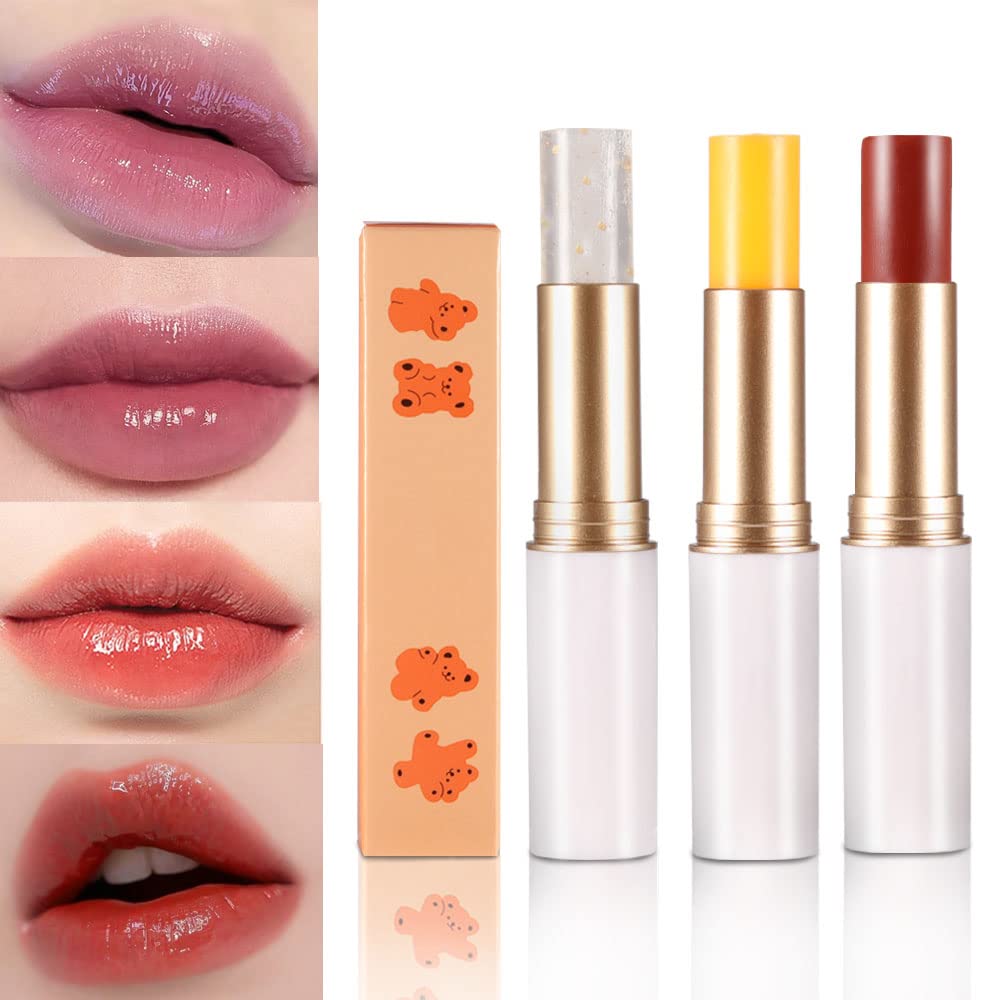 evpct 3Pcs Gold Leaf Carrot Red Cherry Flavored Lip Color Changing Lipstick Lip Balm Set for Women,Magic PH Crystal Flower Jelly Color Change Changing Lipstick Tinted Lip Balm Stain Cute Lipstick Set