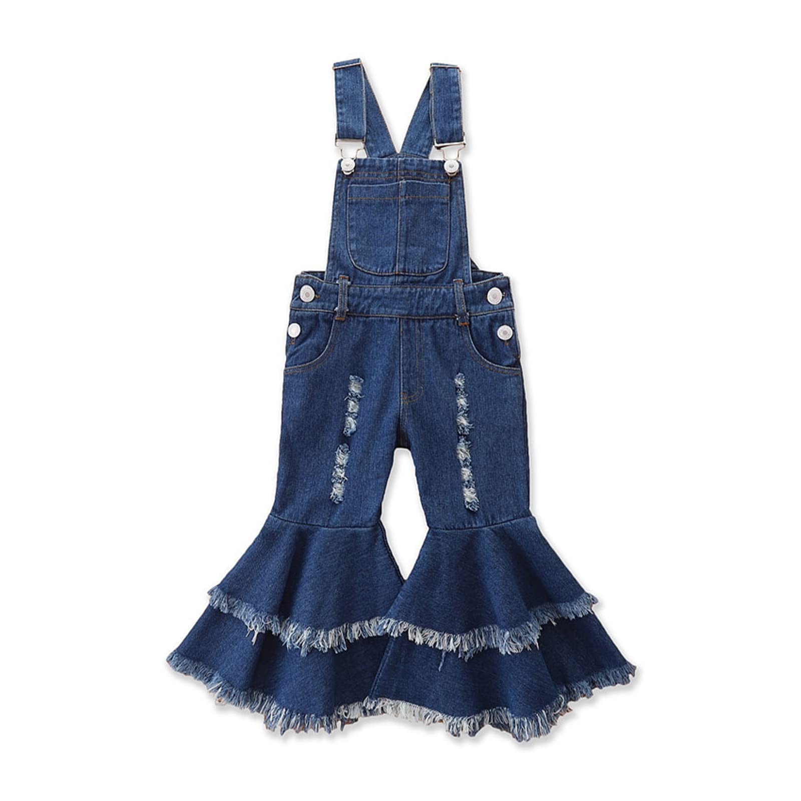 Infant Toddler Girls Overall Jeans Bell Bottoms Suspender Flare Pants Ripped Denim Trousers Two Layers Ruffle Leggings