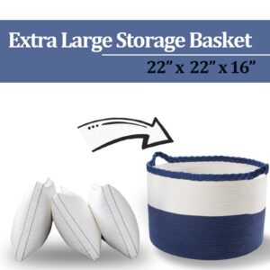 Turnextte XXXXLarge Cotton Rope Basket, 22'' X16'' Super Large Blanket Storage Basket, Large Woven Laundry Basket with Reinforced Handles, Cotton Rope Basket for Storage, for Toys, Pillows, Blue