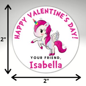 Personalized Unicorn Valentine's Day Stickers for Kids 20-Count, 2 inch, Custom Classroom Valentines Favor for Girls, Happy Valentine's Day Labels