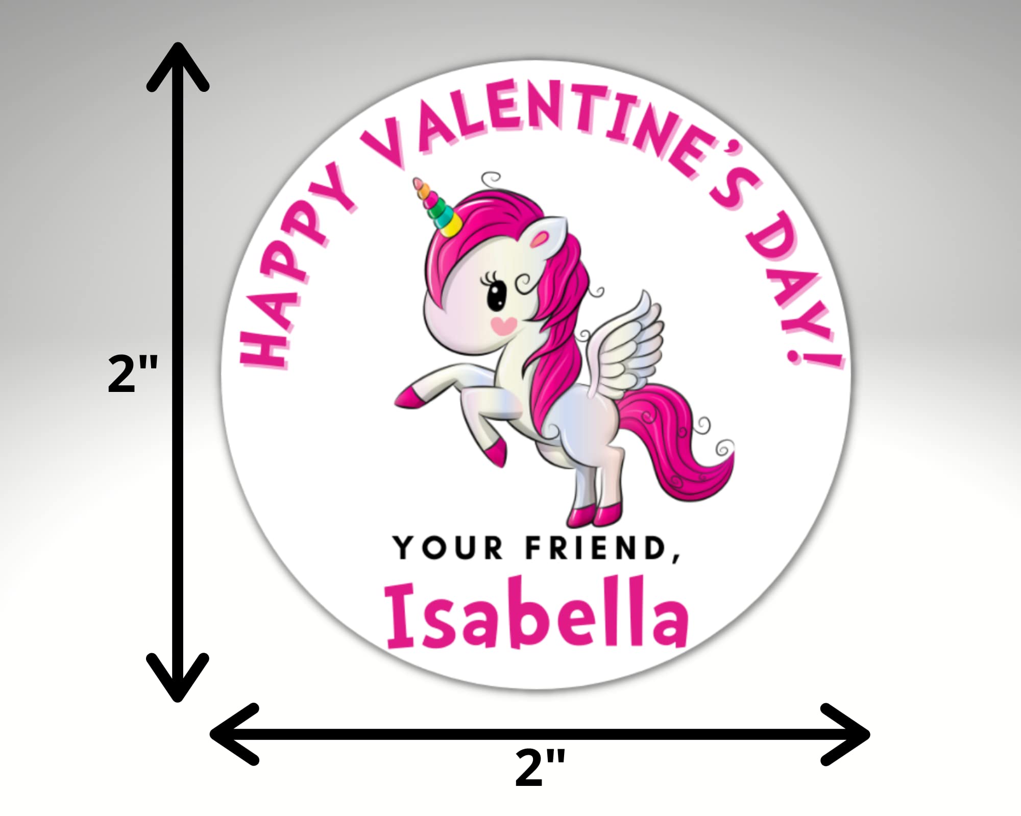 Personalized Unicorn Valentine's Day Stickers for Kids 20-Count, 2 inch, Custom Classroom Valentines Favor for Girls, Happy Valentine's Day Labels