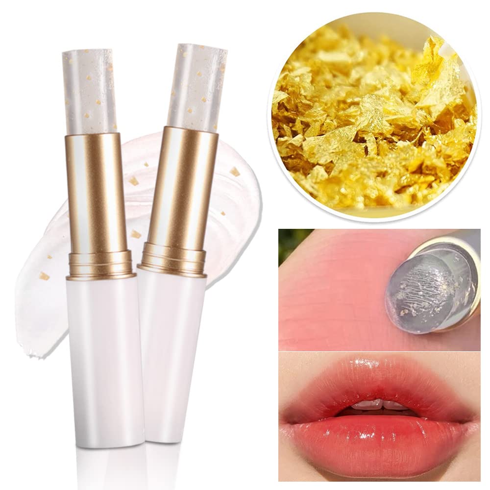 Changing Color Lipstick, 2Pcs 24K Gold Leaf Color PH Lipstick Lip Balm, Moisturizer Lip Balm, Aloe Vera Lipstick Rich in Vitamin E for All-Day Moisture,Temperature Change Long Lasting Waterproof