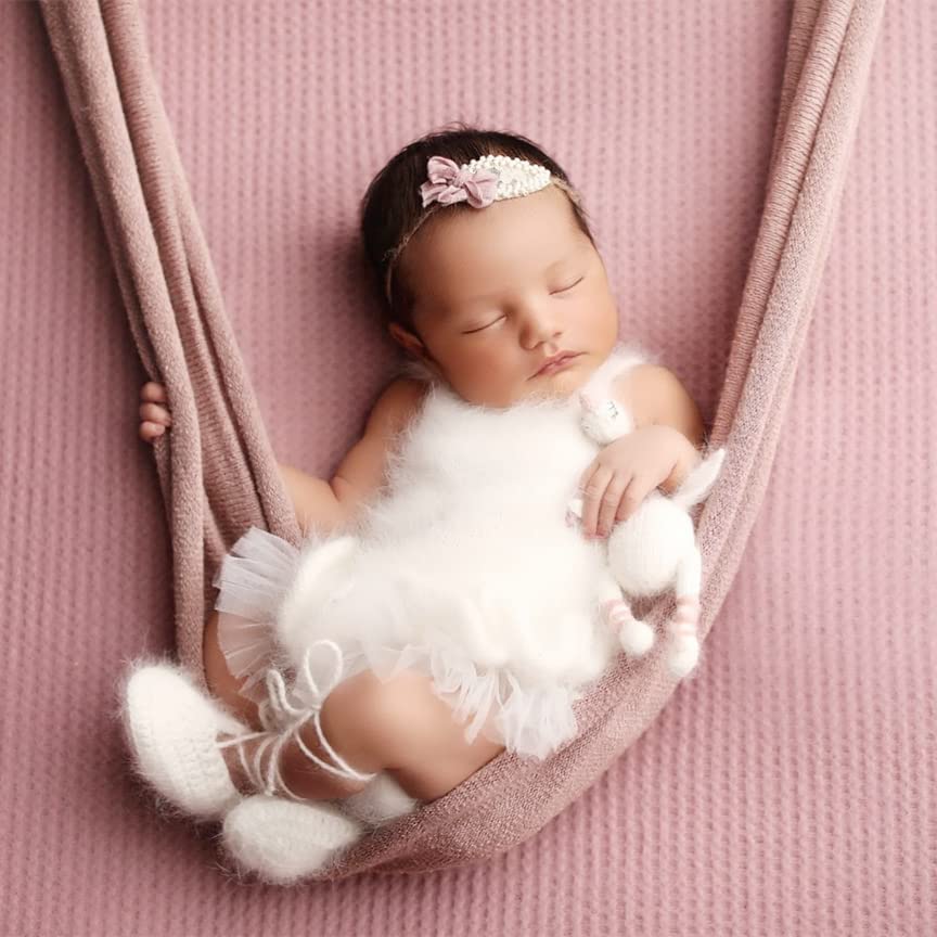 4 Pcs Newborn Photography Props Outfit Baby Girl Vintage Cute Lace Rompers with Ribbon Bow Headband Set Baby Photo Props Bodysuit Outfit