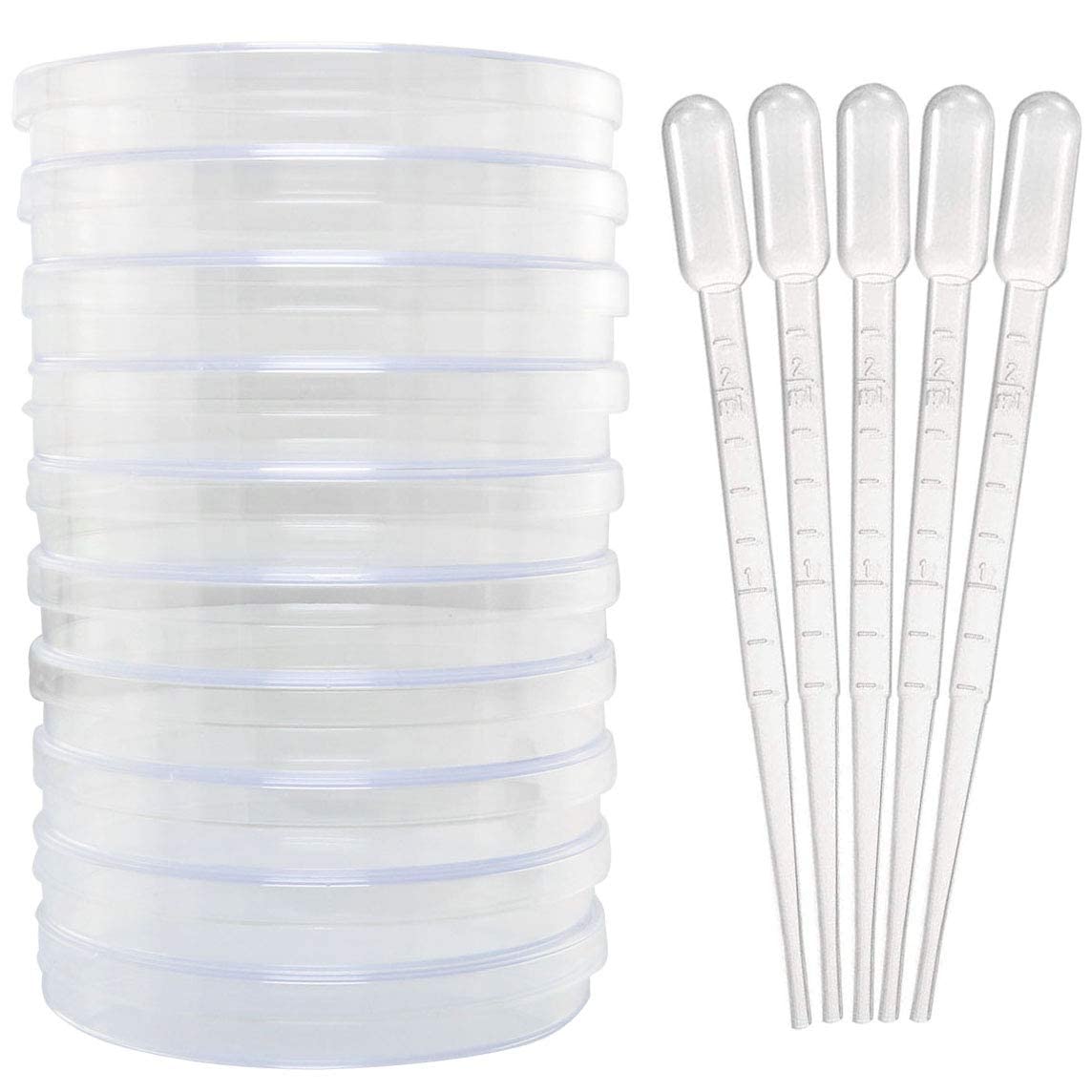 MEETOOT 10pcs Disposable Plastic Petri Dish 90x15mm with 5 2ml Thickened Plastic Transfer Pipettes for School Science Fair Project and Party