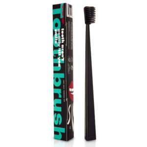 slowcorp. soft charcoal bristle toothbrush, free-standing base for kids and adults, bpa-free, natural teeth whitening dental care, vegan certified (black)