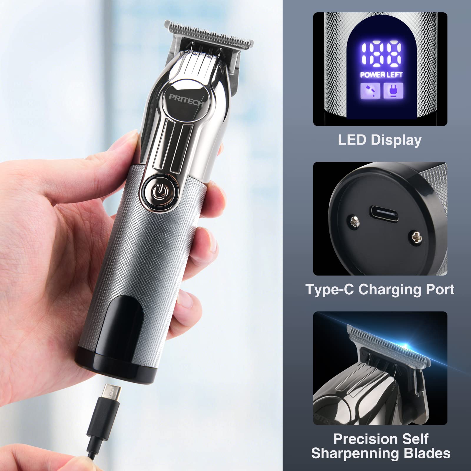 PRITECH Hair Trimmer for Men - Cordless, Rechargeable, T-Shaped Ceramic Cutter Head, One-Touch Switch, LED Display, Professional Motor, Low Noise Warranty