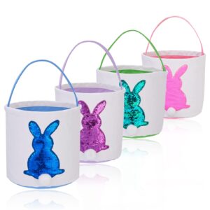 4 pack easter bunny basket bags for kids, sequins rabbit canvas eggs hunt baskets with fluffy tails, tote bag candies gifts bucket for easter party - blue, purple, pink and green