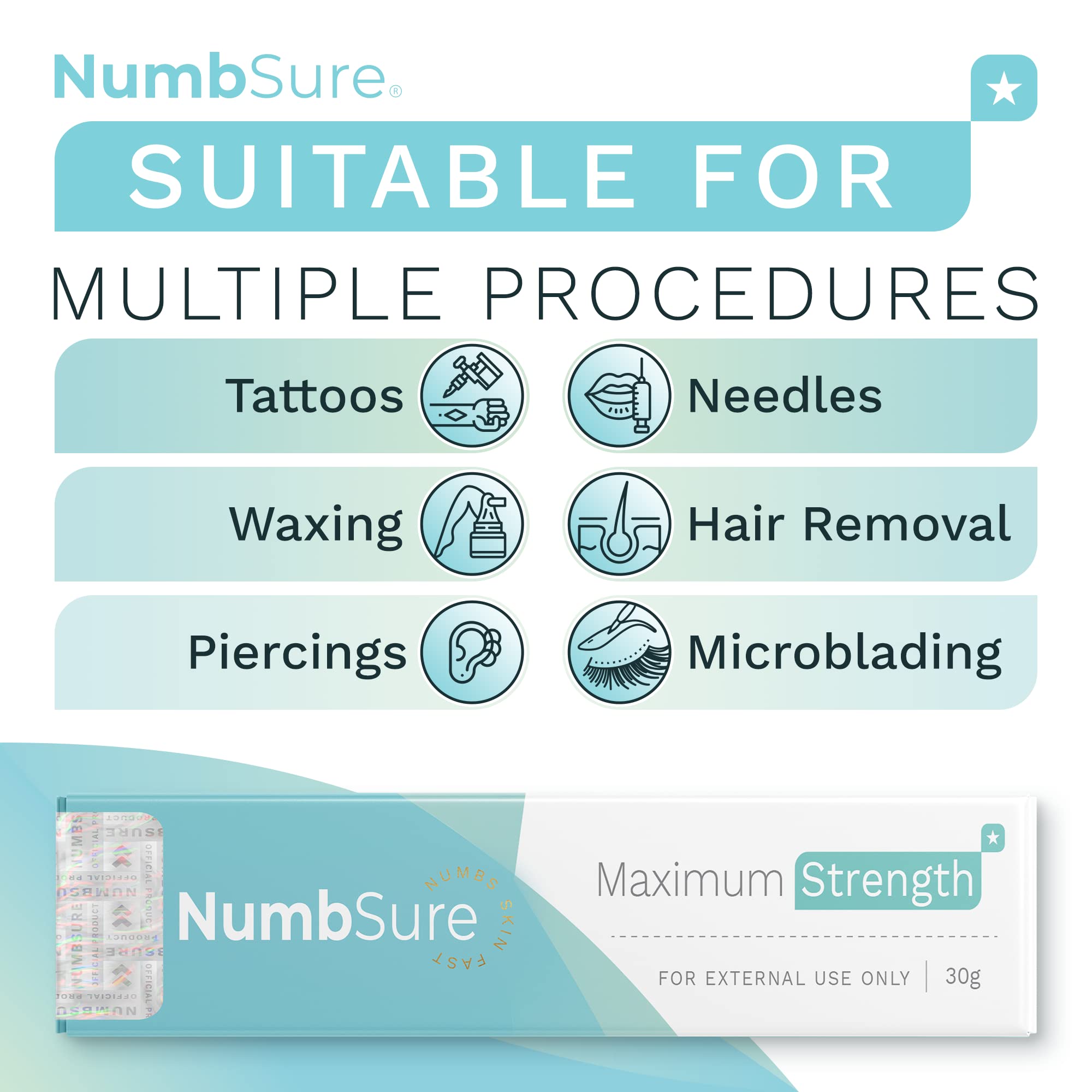 NumbSure 5% Lidocaine Maximum Strength Numbing Cream - For Painless Tattoos, Waxing, Piercings, and Needle Treatments