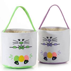 E-FirstFeeling 2 Pack Easter Bunny Basket for Kids Egg Hunt Bunny Baskets Canvas Easter Basket Bucket Tote for Easter Candy (Green Purple)