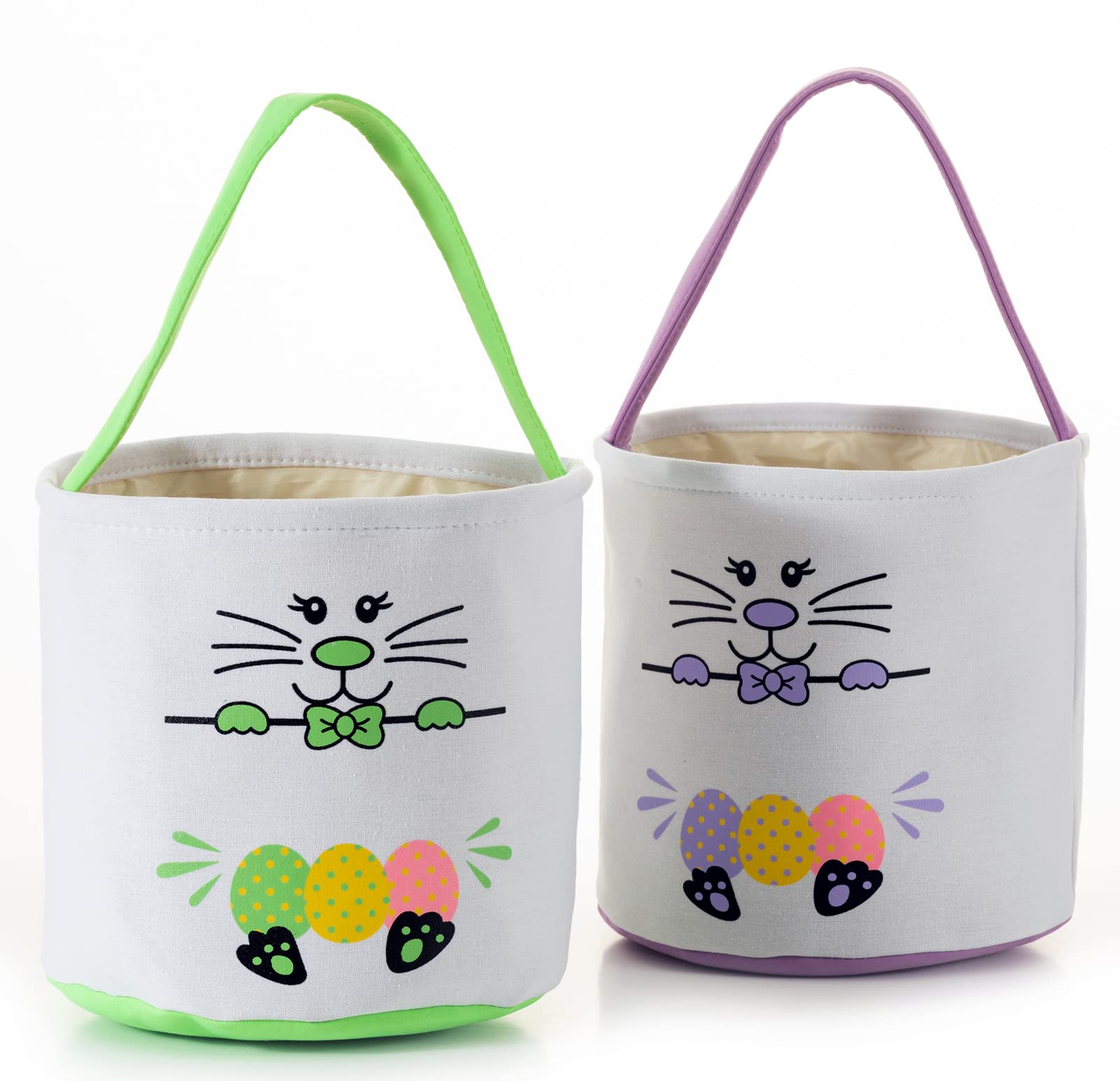 E-FirstFeeling 2 Pack Easter Bunny Basket for Kids Egg Hunt Bunny Baskets Canvas Easter Basket Bucket Tote for Easter Candy (Green Purple)