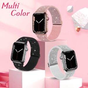 3 Pack Shiny Bands Compatible with Apple Watch Band for Women 38mm 40mm 41mm, Nylon Stretchy Straps for iWatch Series 9 Ultra SE 8 7 6 5 4 3 2 1