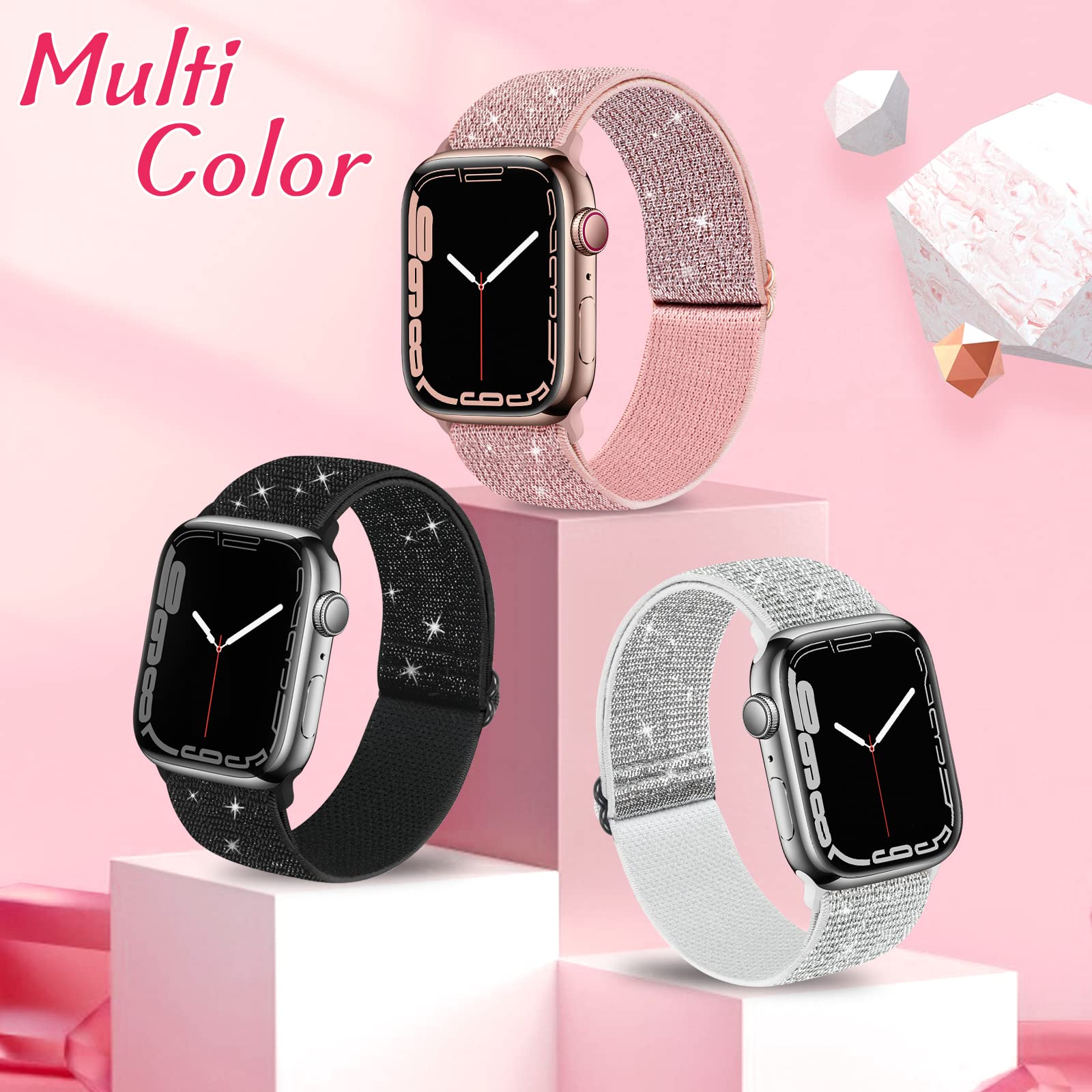 3 Pack Shiny Bands Compatible with Apple Watch Band for Women 38mm 40mm 41mm, Nylon Stretchy Straps for iWatch Series 9 Ultra SE 8 7 6 5 4 3 2 1