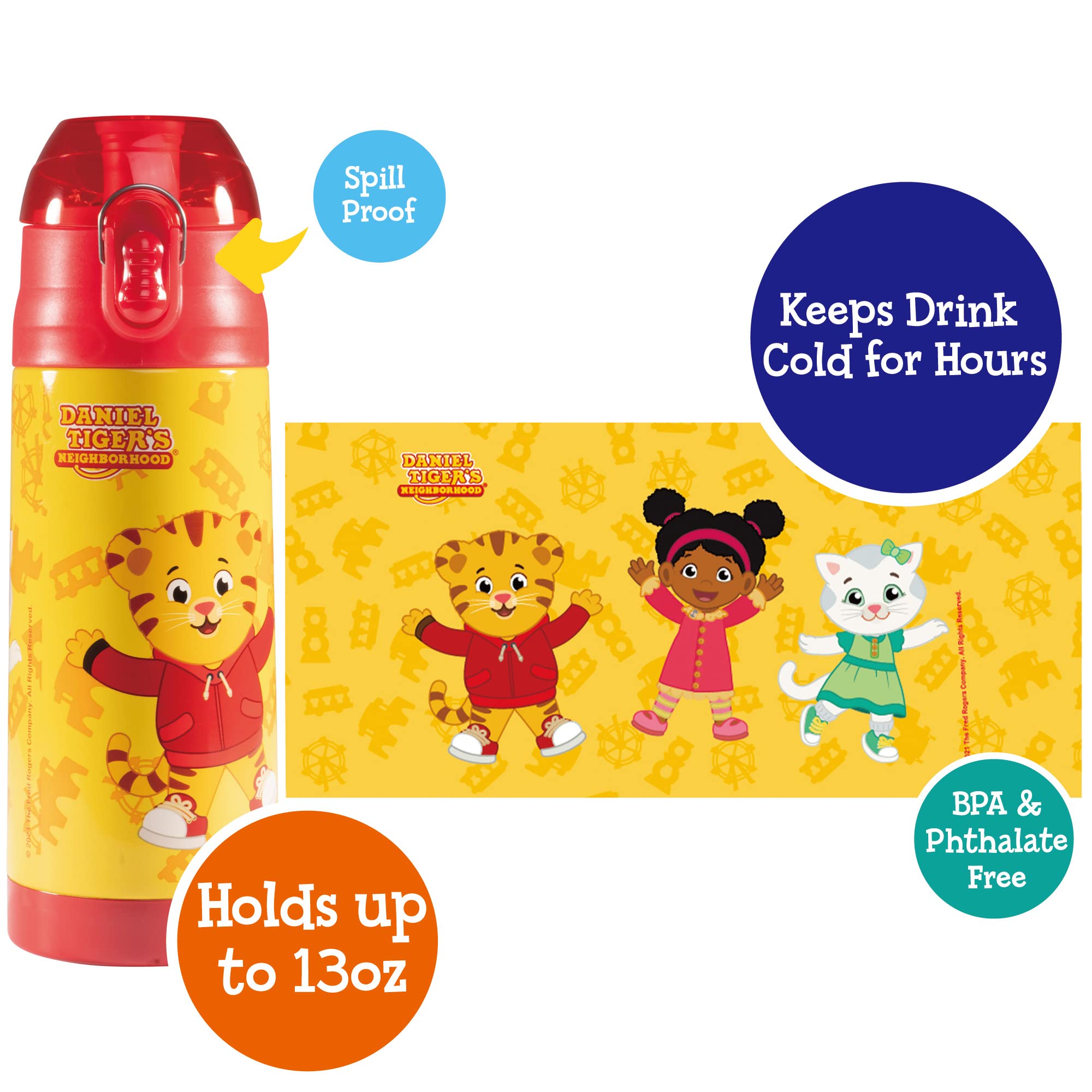 Daniel Tiger 13 oz Insulated Water Bottle with Latching Lid - Easy to Use for Kids - Reusable Spill Proof & BPA-Free, Keeps Drinks Cold for Hours, Fits in Lunch Boxes & Bags, Fun XMAS Gift for School