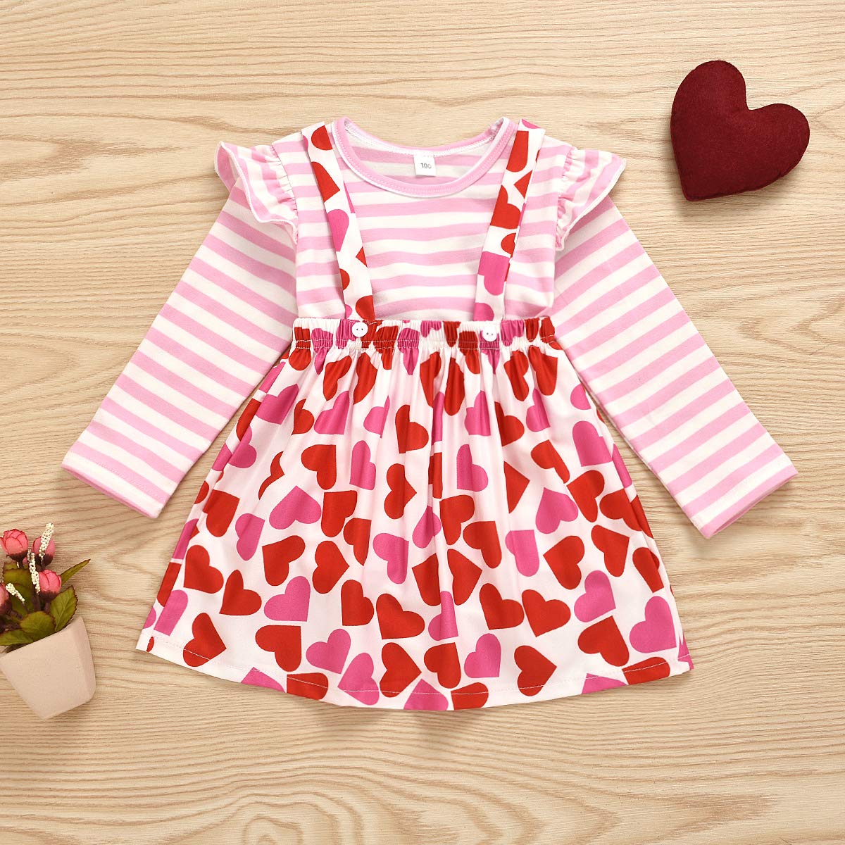 Myhrey Toddler Baby Girls Valentine's Day Outfits Ruffle Long Sleeve Stripe Shirt + Suspender Skirt Set (Pink, 12-18 Months) M04 M04a