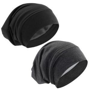 satin bonnet for men 2 pack soft and elastic black hair cap，satin lined beanie, large breathable silky hair bonnet for sleeping cap，suitable for chemo headwear for women - black and grey