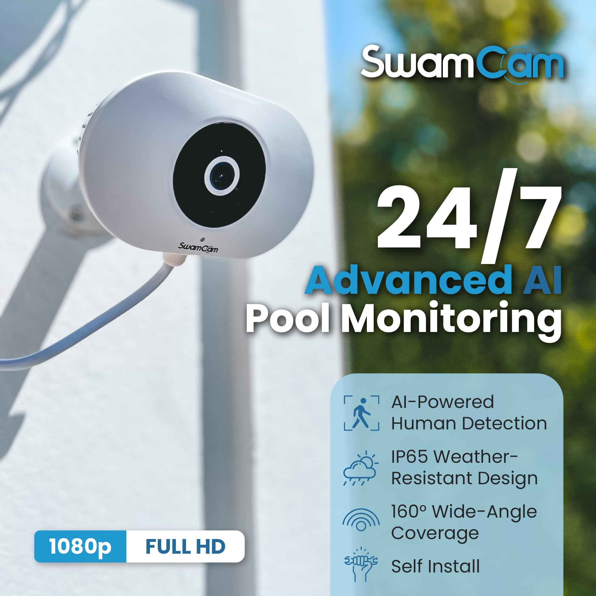 SwamCam Pool Alarm Camera - ASTM F2208 Certified - Wifi + App Operated Pool Alarms for Inground Pools and Above Ground - Sounds Onsite, In Home & Phone BEFORE Child Enters Pool - View Remotely Anytime