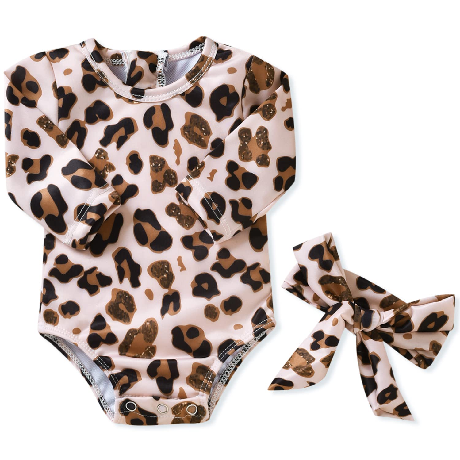 Newborn Infant Baby Girls One Piece Long Sleeve Swimsuit Leopard Bathing Suit Swimwear Beach Wear 0-3 Months Cheetah