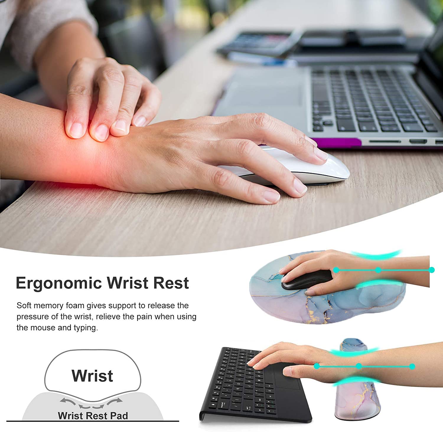 Keyboard Wrist Rest and Mouse Pad with Wrist Support, Ergonomic Memory Foam Mouse Pad for Gaming and Office, Pain Relief Mouse Pad and Wrist Support Set