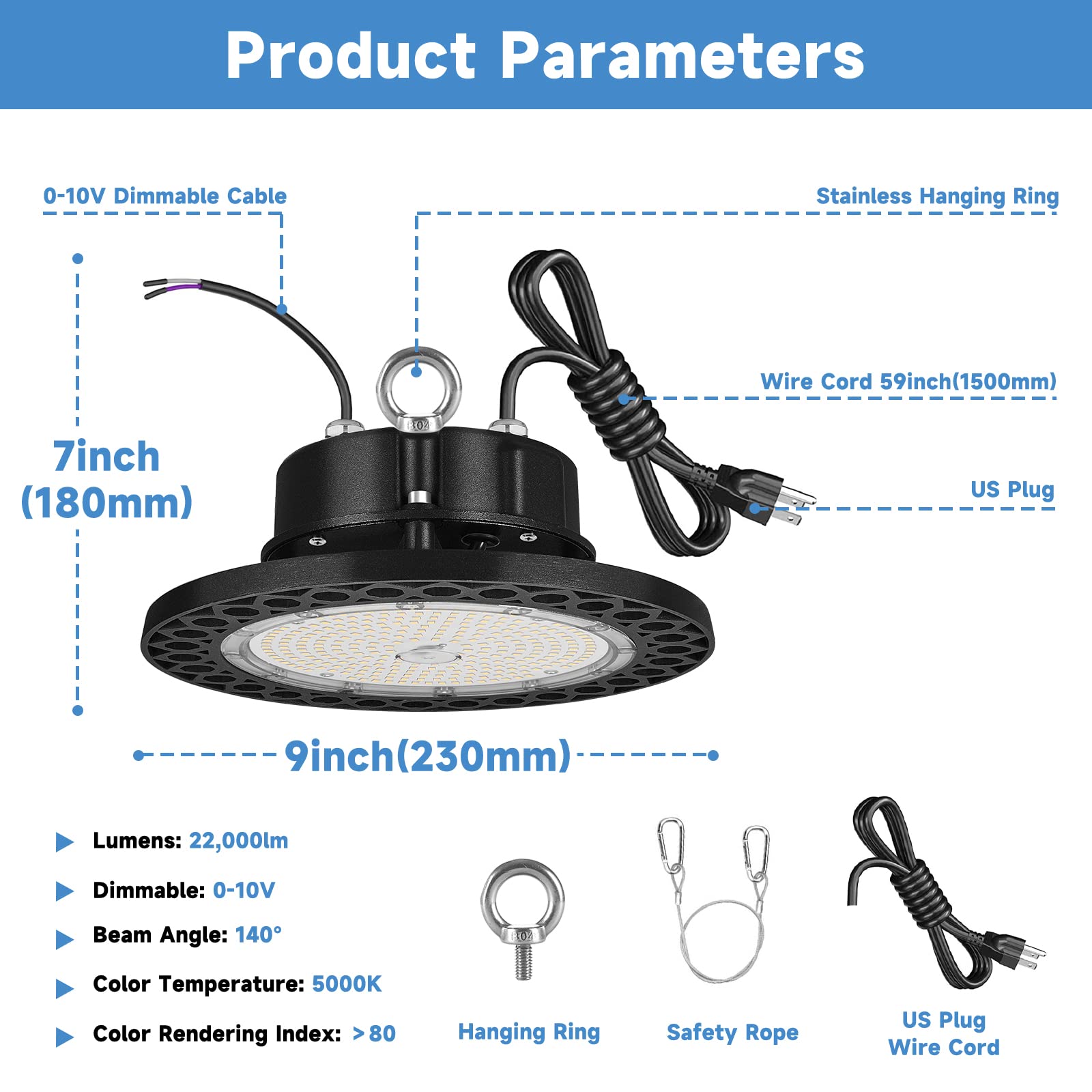 LED High Bay Light, 150W 22,000lm 5000K 0-10V Dimmable US Hooks LED Garage Light UFO Commercial LED Shop Light for Workshop Gym Factory Warehouse