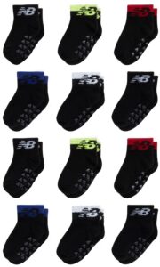 new balance baby boys' socks - 12 pack quarter cut non-skid gripper socks (infant/toddler), size 2-4t, black assorted grip