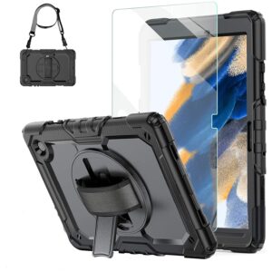 blosomeet case for samsung galaxy tab a8 10.5 inch 2022 sm-x200/x205/x207 with [tempered glass screen protector],case for galaxy tab a8 w/s pen holder stand hand strap &shoulder strap,black