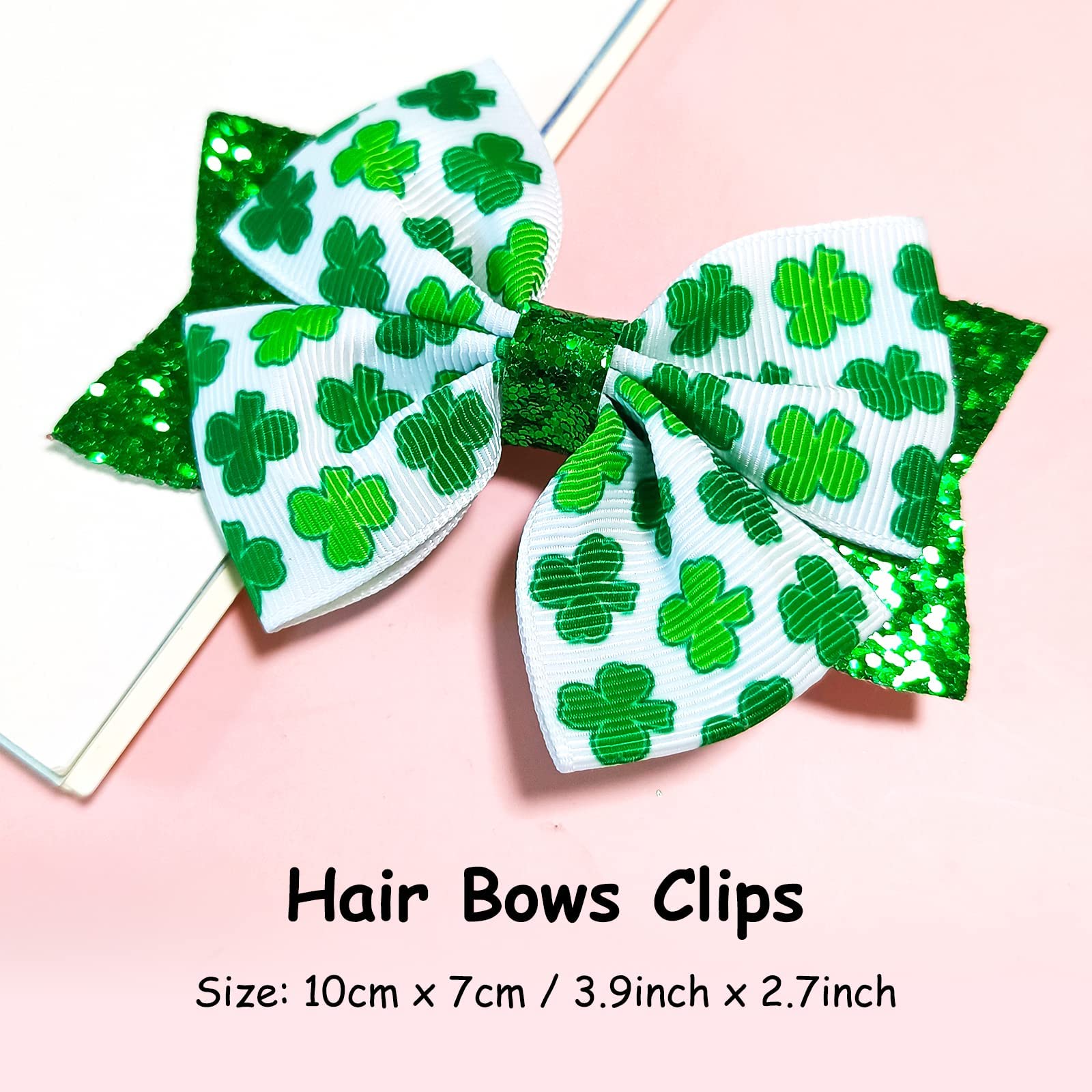 St Patricks Day Hair Bow 3" Girls Glitter Sequin Shamrock Bow Decor Clips Irish Green Grosgrain Ribbon Alligator Barrettes Handmade St Patty Cheer Accessories for Women Toddler Teens Kids Kit