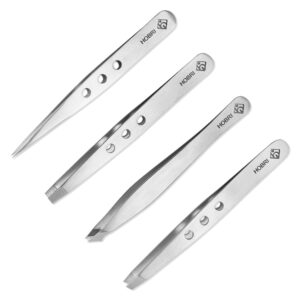 tweezers set, eyebrows kit professional stainless steel set - 4 pieces with leatherette travel case perfect for facial hair, beauty and personal care tool hobri international, silver (htzk-001)