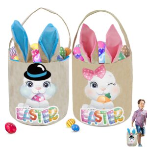 easter bunny basket for kids, 2 pack easter baskets with ears stand up, personalized bunny burlap bag easter basket stuffers for girls boys kids easter party egg hunts gifts mothers day gifts