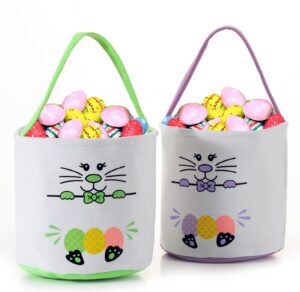 e-firstfeeling 2 pack easter bunny basket for kids egg hunt bunny baskets canvas easter basket bucket tote for easter candy (green purple)