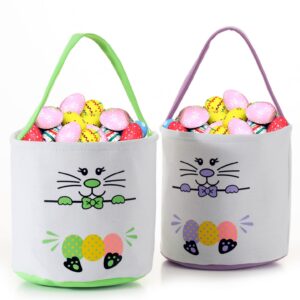 E-FirstFeeling 2 Pack Easter Bunny Basket for Kids Egg Hunt Bunny Baskets Canvas Easter Basket Bucket Tote for Easter Candy (Green Purple)