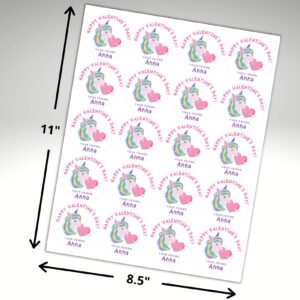 Personalized Unicorn Valentine's Day Stickers for Kids 20-Count, 2 inch, Custom Classroom Valentines Favor for Girls, Happy Valentine's Day Labels