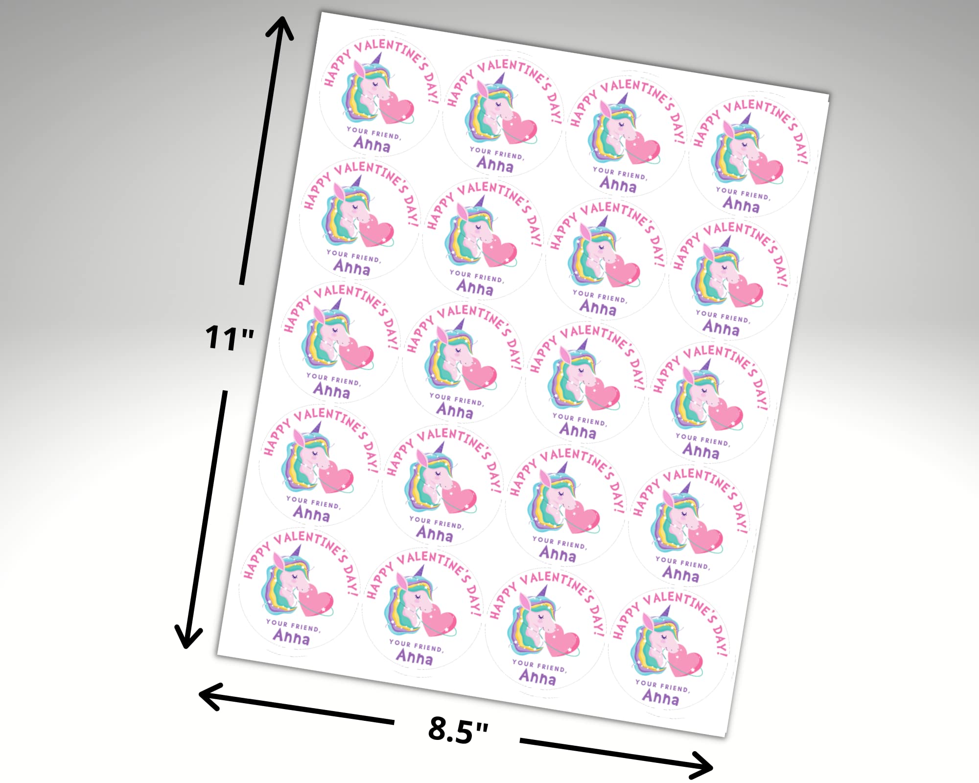 Personalized Unicorn Valentine's Day Stickers for Kids 20-Count, 2 inch, Custom Classroom Valentines Favor for Girls, Happy Valentine's Day Labels