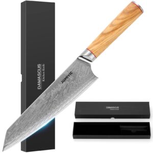 jomivic damascus chef knife super steel 8 inch japanese kitchen knife with wood handle razor sharp edge knife with gift box and cleaning cloth cooking knife for meat, vegetables, fish