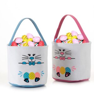 e-firstfeeling 2 pack easter bunny basket for kids canvas easter basket eggs hunting basket bucket tote for easter candy toys (blue pink)