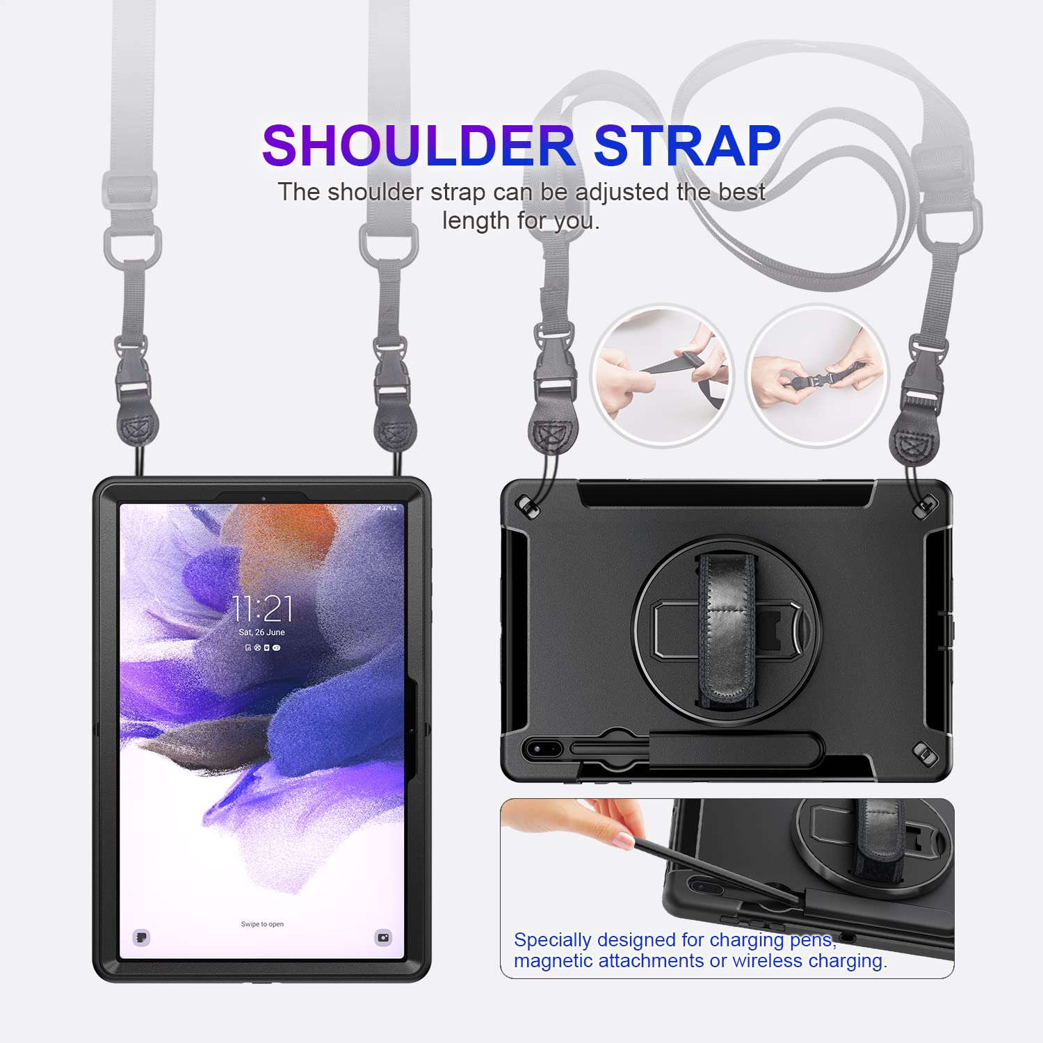 Case for Samsung Galaxy Tab S7 FE 2021/S8 Plus 2022 : Military Grade TPU Shockproof Heavy Duty Protective Cover for Tab S7 Plus 12.4 Inch with S-Pen Holder &Rotating Kickstand &Handle &Shoulder Strap