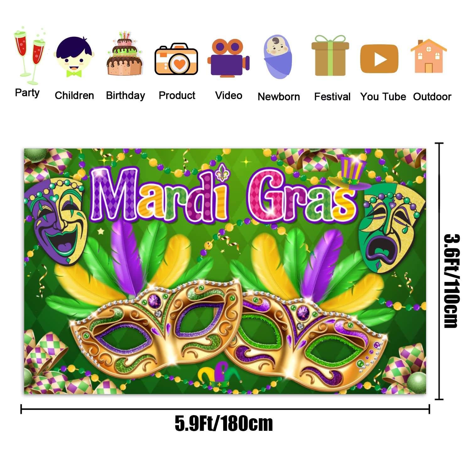 Large 71" X 43" Green Mardi Gras Banner, Mardi Gras Decorations for Party, Mardi Gras Party Decorations Mardi Gras Backdrop, Mardi Gras Party Supplies for Masquerade tineit