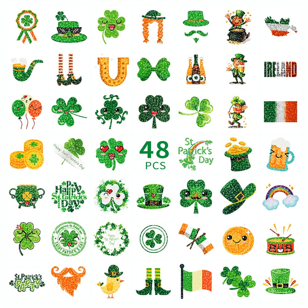 48pcs St Patricks Day Glitter Styles Temporary Tattoos,Clover Gold Coin Luck Hat Expression Tattoos Sticker St Patrick's Day Kiss Me I'm Irish Party | Holiday Party Accessories Arts and Crafts,8 sheet