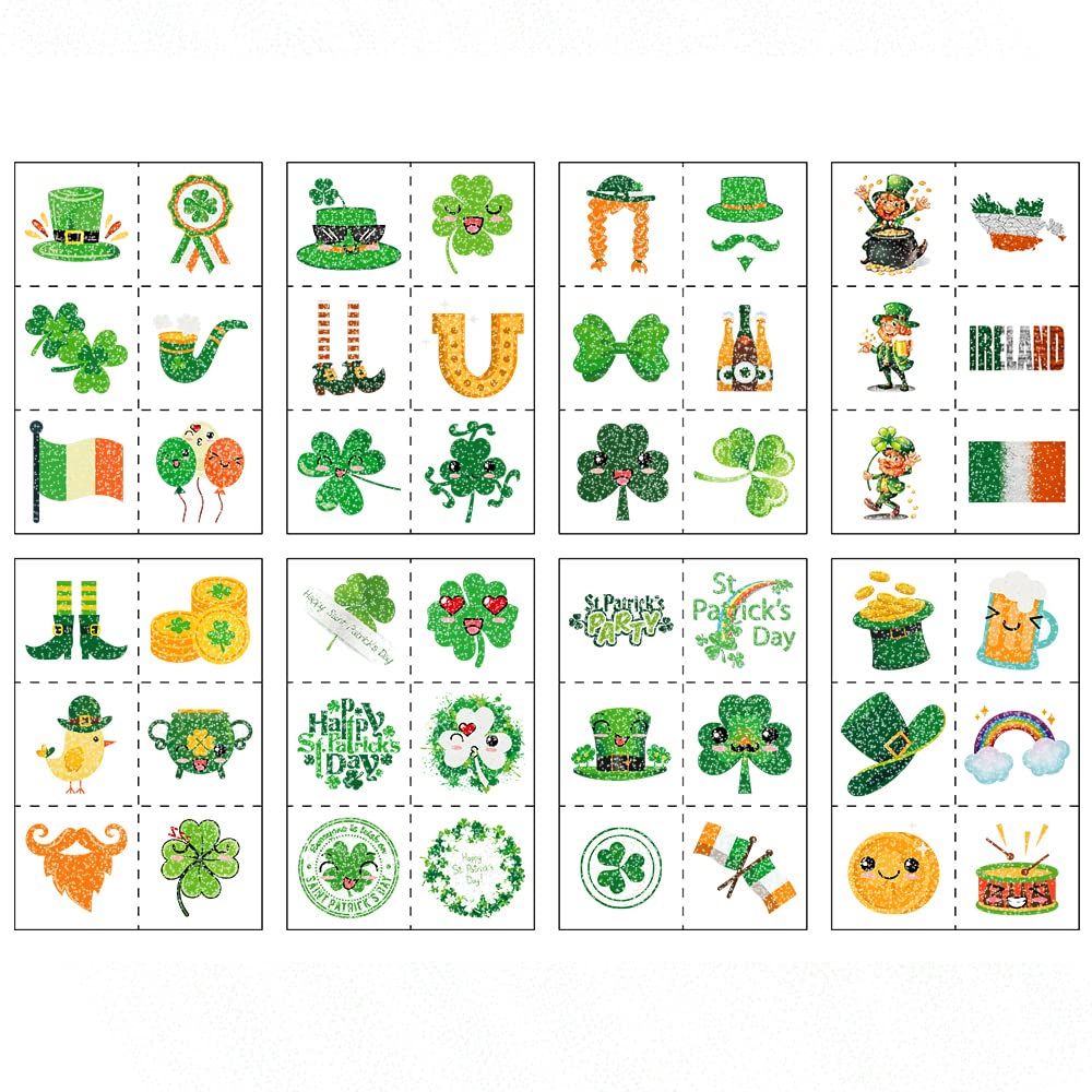 48pcs St Patricks Day Glitter Styles Temporary Tattoos,Clover Gold Coin Luck Hat Expression Tattoos Sticker St Patrick's Day Kiss Me I'm Irish Party | Holiday Party Accessories Arts and Crafts,8 sheet