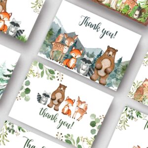 50 Woodland Thank You Cards, 4x6" Forest Animals Thank You Notes with Matching Green Envelopes & Stickers, Greenery Notecards, Woodland Baby Shower Thank You Cards