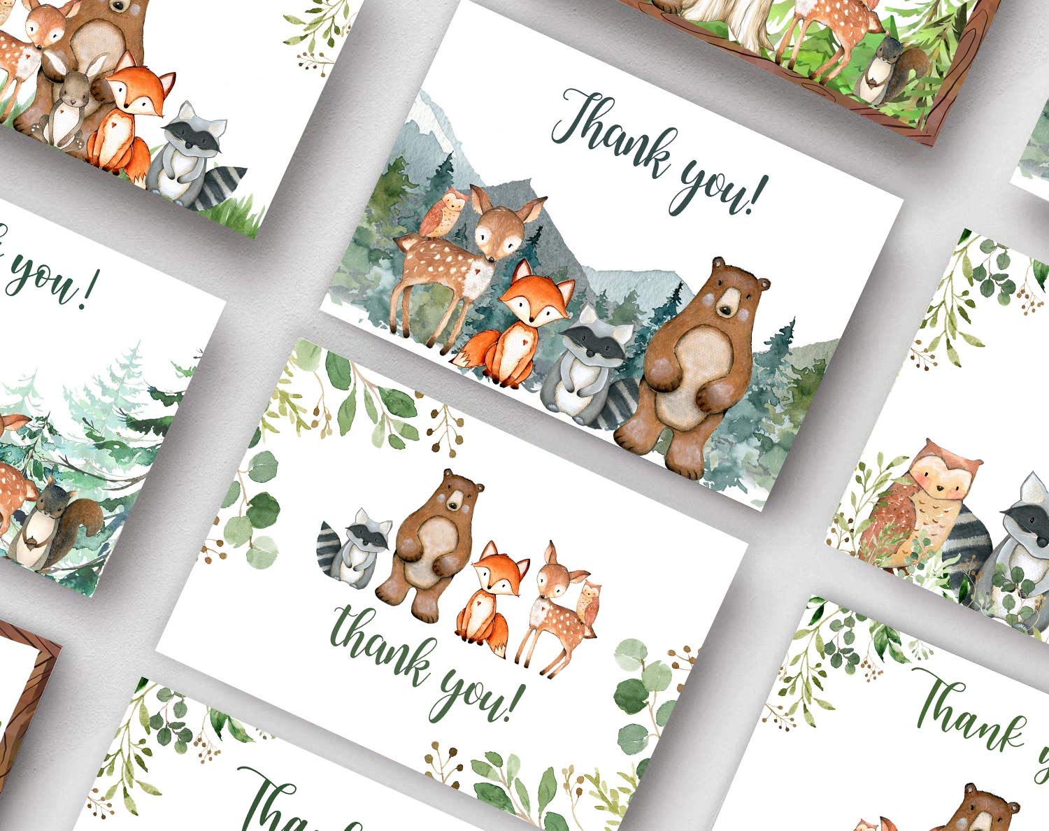 50 Woodland Thank You Cards, 4x6" Forest Animals Thank You Notes with Matching Green Envelopes & Stickers, Greenery Notecards, Woodland Baby Shower Thank You Cards