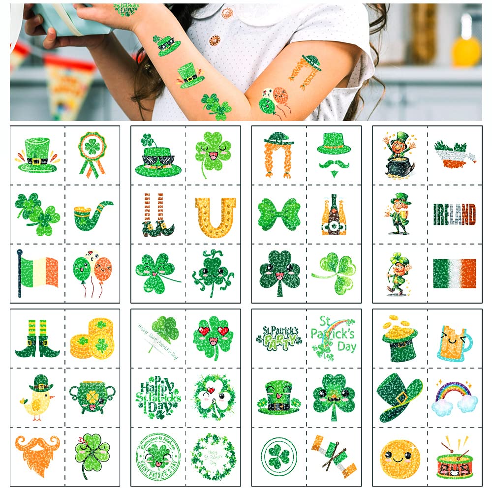 48pcs St Patricks Day Glitter Styles Temporary Tattoos,Clover Gold Coin Luck Hat Expression Tattoos Sticker St Patrick's Day Kiss Me I'm Irish Party | Holiday Party Accessories Arts and Crafts,8 sheet