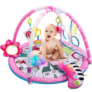 amagoing baby gym play mat,4-in-1 infant activity gym with 6 detachable toys & ball pit for toddler sensory and motor skill development discovery, newborn essential gifts for 0-12 months baby girl boy