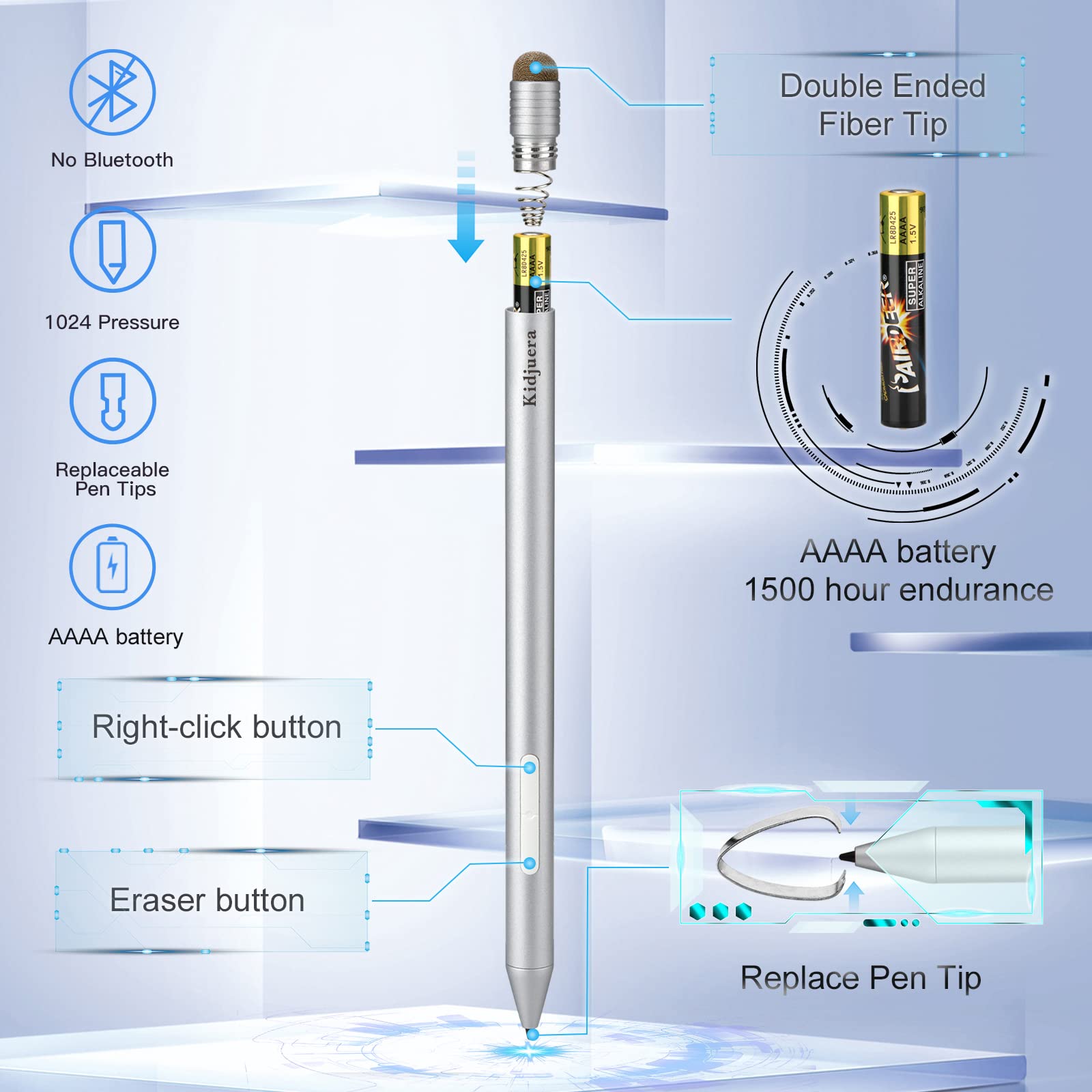 Pen for Surface, Stylus Pen for Microsoft Surface pro 7/X/6/5/4/3, Surface Go 3/2/1, Surface 3, Book 3/2/1, Laptop 4/3/2/1, Studio 2/1, 1024 Pressure, Soft Pen Cap Can be Used for Clicking (Silver)