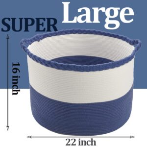 Turnextte XXXXLarge Cotton Rope Basket, 22'' X16'' Super Large Blanket Storage Basket, Large Woven Laundry Basket with Reinforced Handles, Cotton Rope Basket for Storage, for Toys, Pillows, Blue