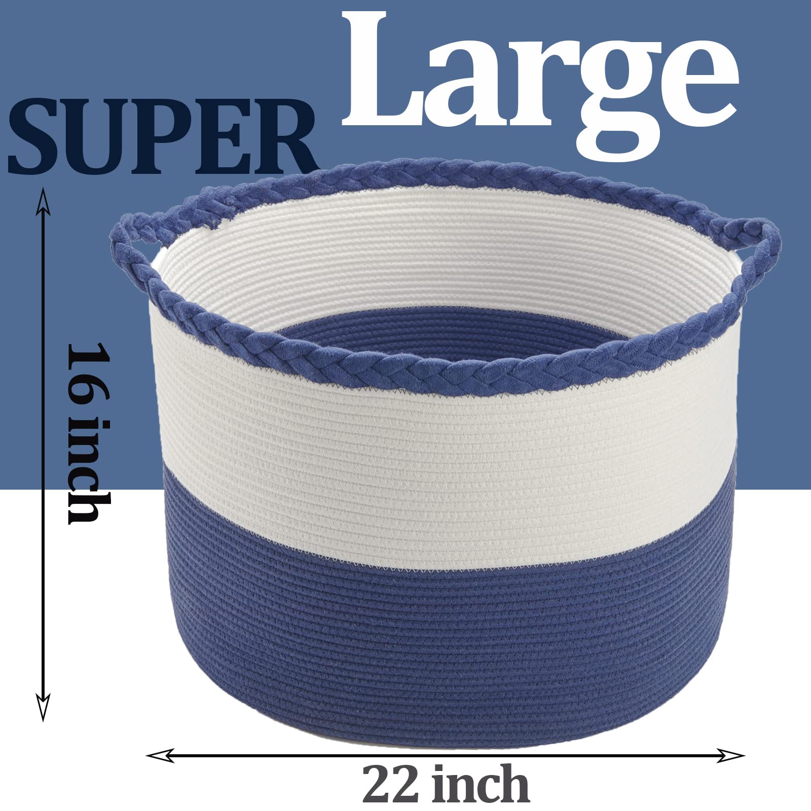 Turnextte XXXXLarge Cotton Rope Basket, 22'' X16'' Super Large Blanket Storage Basket, Large Woven Laundry Basket with Reinforced Handles, Cotton Rope Basket for Storage, for Toys, Pillows, Blue